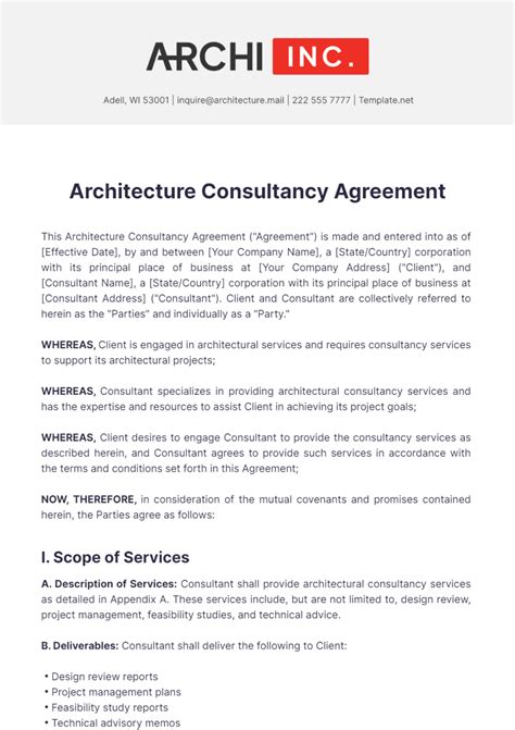 Free Architecture Consultancy Agreement Template To Edit Online