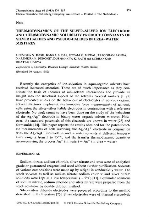 Pdf Thermodynamics Of The Silver Silver Ion Electrode And Thermodynamic Solubility Product