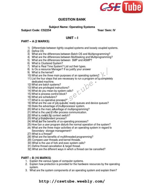 Question Bank Subject Name Operating Systems Subject Code Cs2254 Year Sem Iv Pdf