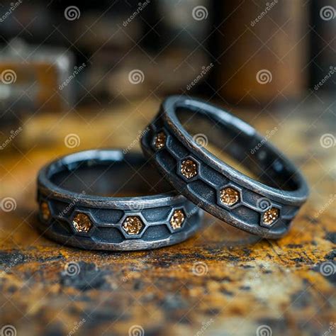 Rustic Hexagon Patterned Rings With Inlaid Gems On Textured Surface