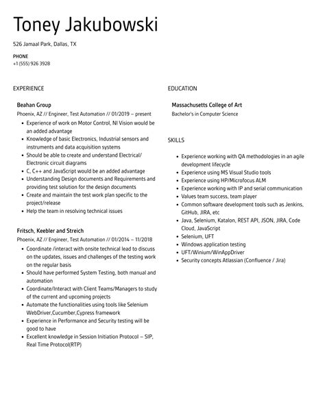 Engineer Test Automation Resume Samples Velvet Jobs