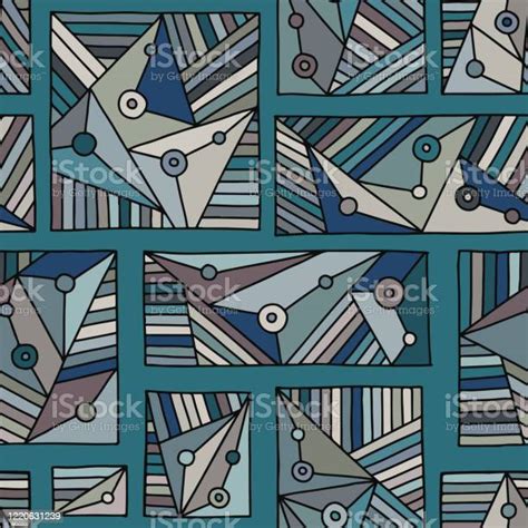 원활한 벡터 파란색 패턴입니다 직사각형 사각형 삼각형 점으로 기하학적 손으로 그린 배경입니다 벽지 포장 포장 직물 인쇄 라인 드로잉 그래픽 디자인 과학에 대한 스톡 벡터