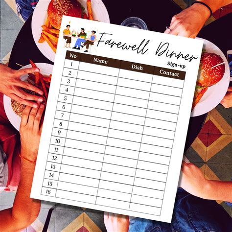 Farewell Dinner Sign Up Sheet Farewell Dinner Sign Up Sheet Potluck