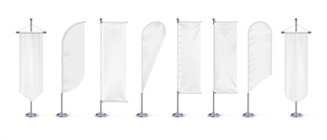 섬유 배너 플래그 사실적인 빈 흰색 패브릭 사인 은 크롬 스틸 스탠드에 깃발을 흔들며 광고 야외 전시회 면에 대한 모형을 표시합니다 캔버스 템플릿 벡터 3d 격리 세트