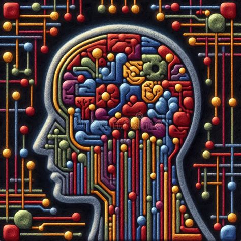 Felt Art Patchwork Human Head Brain Structure Line Connect Of Electronic Circuits And