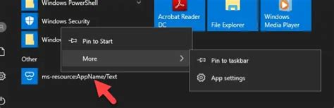 remove ms resource appname text item from windows start menu
