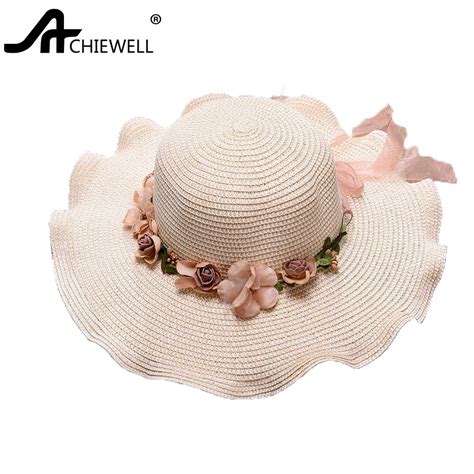 Achiewell 여성 여름 태양 모자 짠 Florals 넓은 웨이브 밀짚 모자햇빛 차단용 모자 Aliexpress