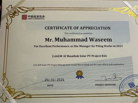 Muhammed Waseem On Linkedin Appreciation Certificate After Completion Of 600mw Of Piling I