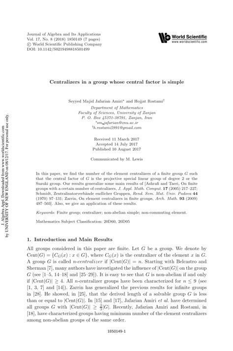 Pdf Centralizers In A Group Whose Central Factor Is Simple