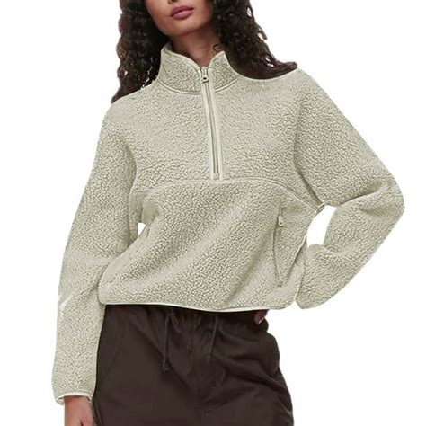 Womens Half Zip Pullover Cropped Sweatshirts Sherpa Fleece Jacket Fuzzy