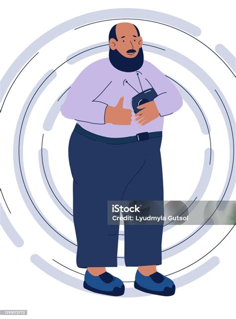 통통한 수염을 기른 남자가 라디오를 들고 있다 음악을 듣고 춤을 추고 엄지 손가락을 보여줍니다 귀여운 뚱뚱한 노인의 만화 벡터 캐릭터 긍정적 인 라이프 스타일 음악을 듣고