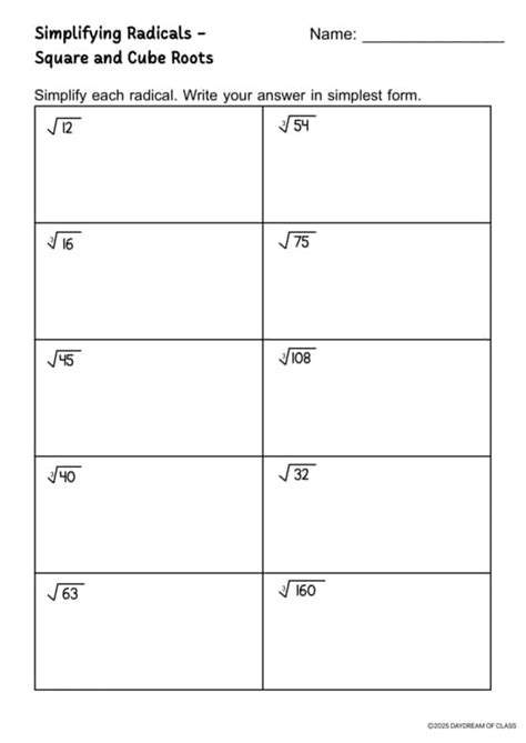 Simplifying Radicals Square And Cube Roots Practice Worksheet Tpt