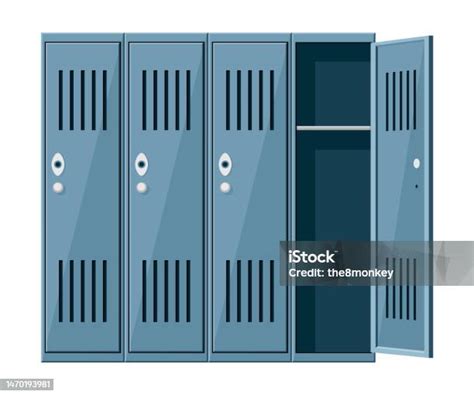 금속 캐비닛 사물함 또는 학교 탈의실 강철 찬장 개방 및 폐쇄 된 문 잠금 장치 및 선반 및 통풍구가있는 격리 된 회색 저장 상자 사물함에 대한 스톡 벡터 아트 및 기타