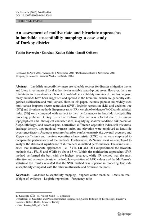 Pdf An Assessment Of Multivariate And Bivariate Approaches In Landslide Susceptibility Mapping