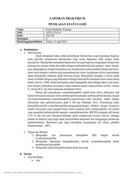Laporan Praktikum Psg Hemoglobin Fayza Nurhaliza Yasmine 102111233134 Pdf