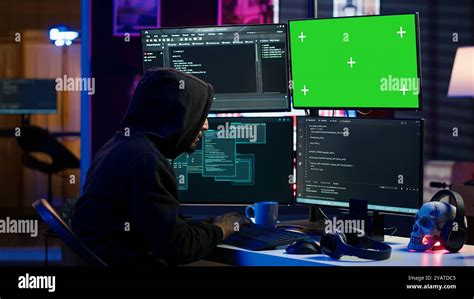 Hacker Coding On Isolated Screen Computer Monitors Developing Zero Day