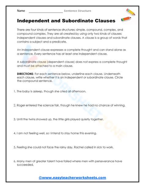 Independent And Subordinate Clauses Worksheet