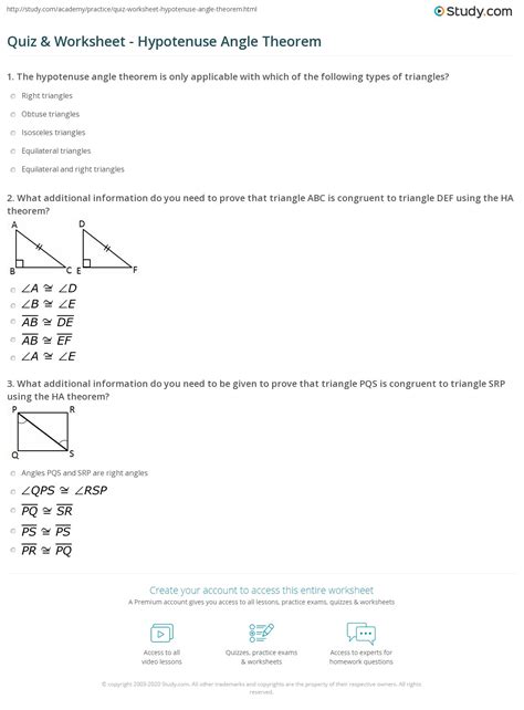 Quiz And Worksheet Hypotenuse Angle Theorem
