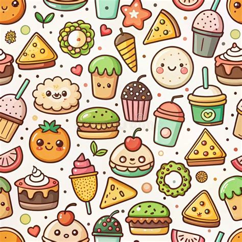 Cute Food Pattern With Various Kawaii Treats Stock Illustration