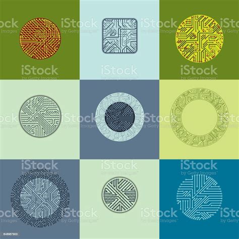 정사각형 및 원형 마이크로프로세서 구성표를 가진 벡터 기술 Cpu 설계 세트 컴퓨터 회로 기판 디지털 요소 0명에 대한 스톡