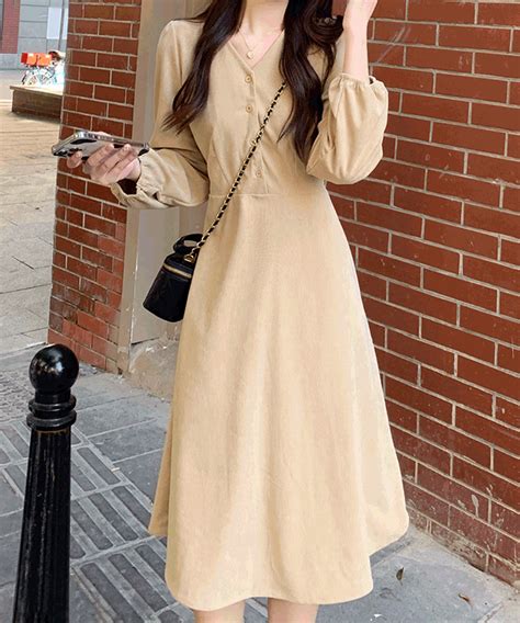 가을 브이넥 코듀로이 골덴 A라인 퍼프 셔링 플레어 롱 원피스 Js0261