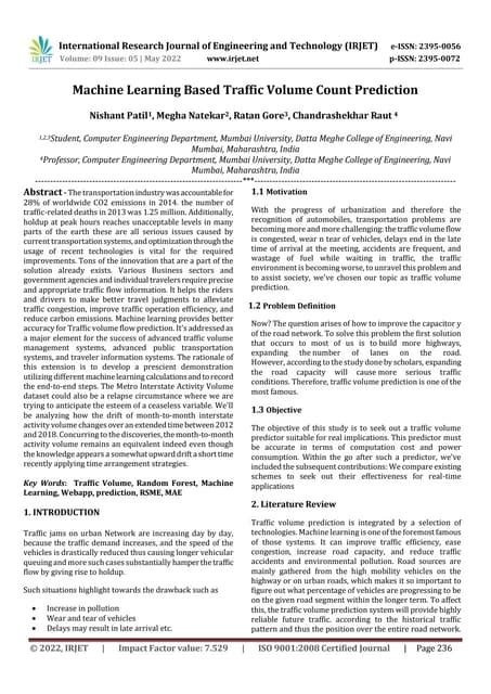 Machine Learning Based Traffic Volume Count Prediction Pdf