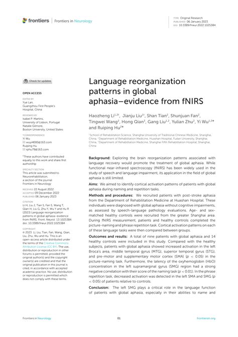 Pdf Language Reorganization Patterns In Global Aphasiaevidence From Fnirs