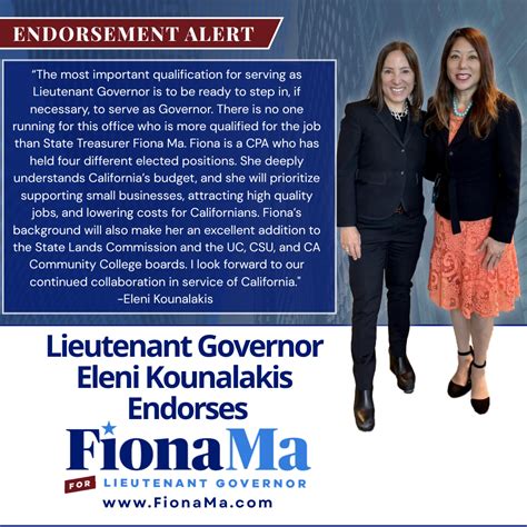 Eleni Kounalakis Endorses Fiona Ma For Lieutenant Governor Fiona Ma