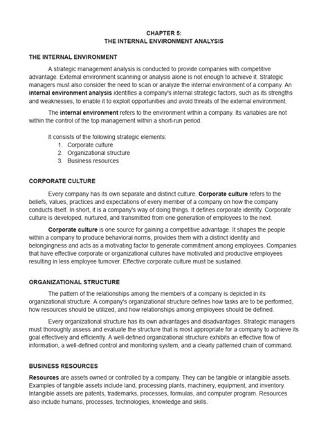 Chapter 5 The Internal Environment Analysis Pdf Organizational Culture Strategic Management