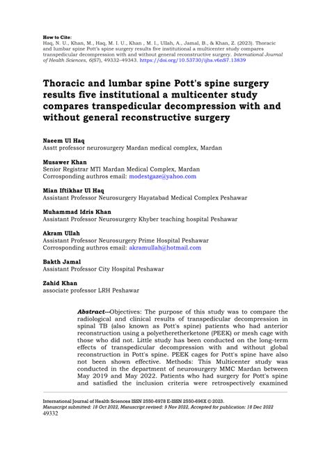 Pdf Thoracic And Lumbar Spine Potts Spine Surgery Results Five Institutional A Multicenter