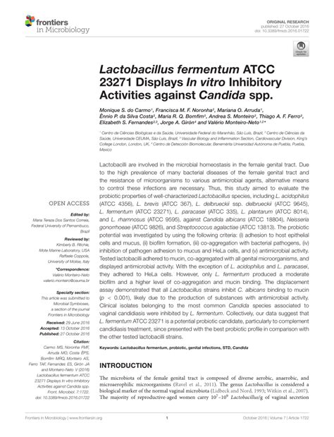 Pdf Lactobacillus Fermentum Atcc 23271 Displays In Vitro Inhibitory Activities Against Candida Spp
