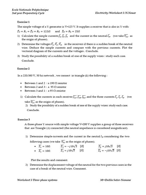 Three Phase Systems Worksheet Exercises Pdf Electrical Impedance