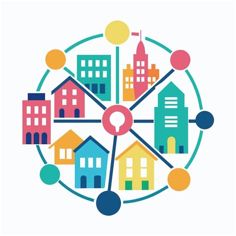Minimalist Graphic Of Interconnected Circle Featuring Buildings And Key