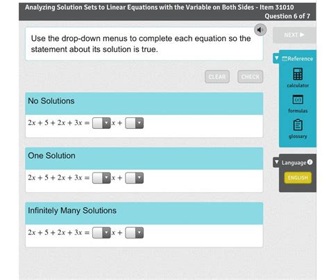 Use the drop-down menus to complete each equation so the statement about its solution is true ...