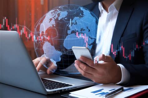 Businessman With Smartphone And Glowing Digital Globe Symbolizing Data Analysis Stock