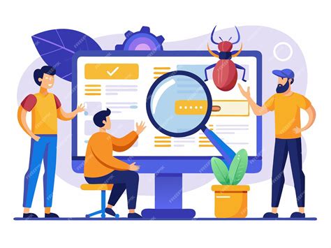 Team Of Developers Debugging Software Bug On Computer Screen Vector Art