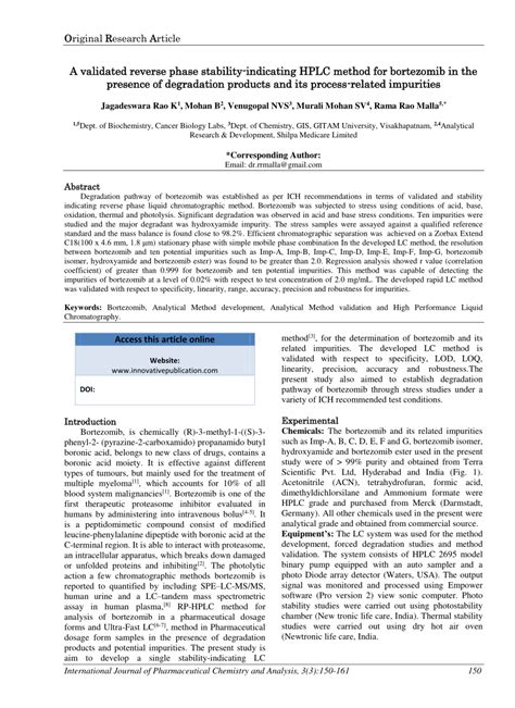 PDF A Validated Reverse Phase Stability Indicating HPLC Method For Bortezomib In The Presence