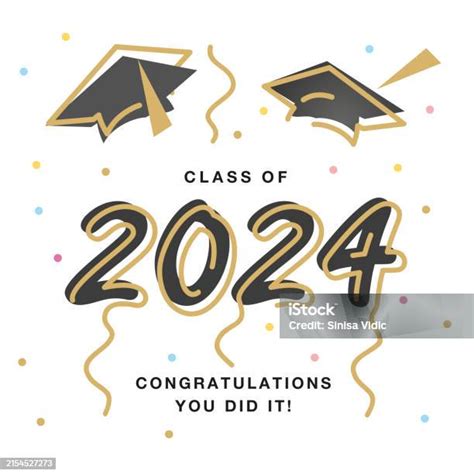 2024년 졸업반 축하합니다 손으로 쓴 타이포그래피 라인 디자인 검은 모자 골드 흰색 고립된 배경에 다채로운 색종이 12월에 대한 스톡 벡터 아트 및 기타 이미지 Istock