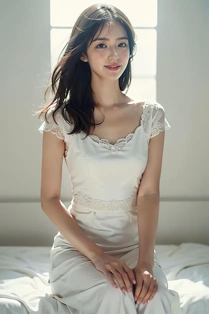 Premium Photo A Woman In A White Dress Is Sitting On A Bed