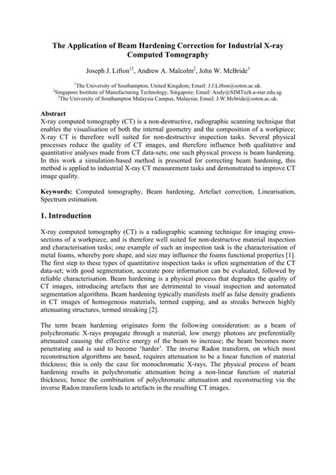 Pdf The Application Of Beam Hardening Correction For Industrial X Ray Computed Tomography