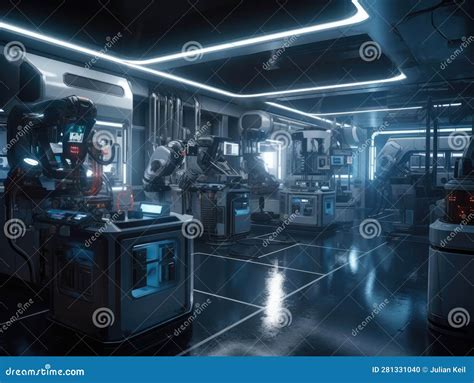 Ai Robots Conduct Futuristic Scientific Experiments Royalty Free Stock Image