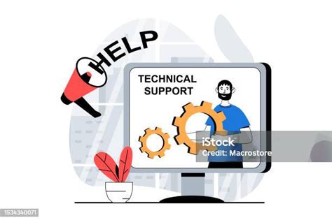 웹을 위한 플랫 디자인에서 사람들 장면을 가진 기술 지원 개념 남자는 콜센터에서 기술자 전문가로 일하며 고객을 돕습니다 소셜 미디어 배너 마케팅 자료에 대한 벡터 그림입니다