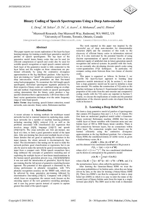 Pdf Binary Coding Of Speech Spectrograms Using A Deep Auto Encoder