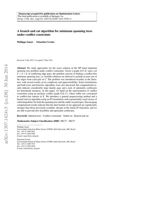 Pdf A Branch And Cut Algorithm For Minimum Spanning Trees Under Conflict Constraints