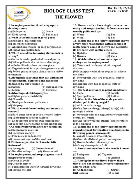The Flower Class Test Ix Icse Sakchi Pdf Flowers Biological Processes