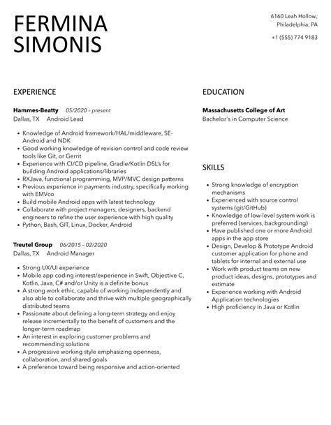 Android Resume Samples Velvet Jobs