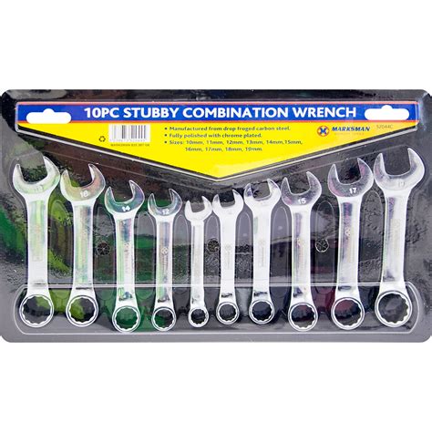 10pc Polished Stubby Spanner Set Tools Garage Metric Combination Chrome