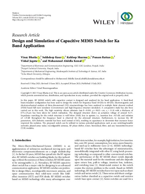 Pdf Design And Simulation Of Capacitive Mems Switch For Ka Band Application
