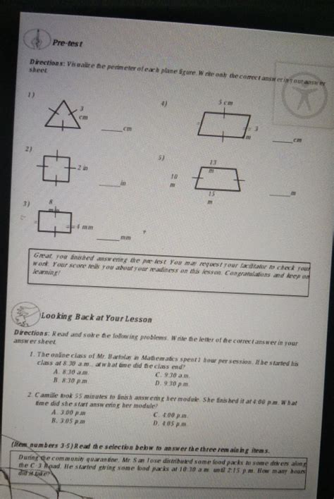 Solved Pre Test Sheet Directions Visualize He Perimeter Of Cach Plane
