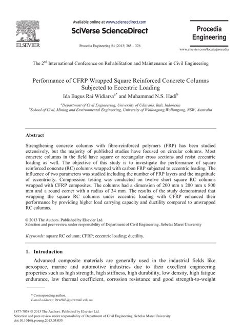 Pdf Performance Of Cfrp Wrapped Square Reinforced Concrete Columns Subjected To Eccentric Loading